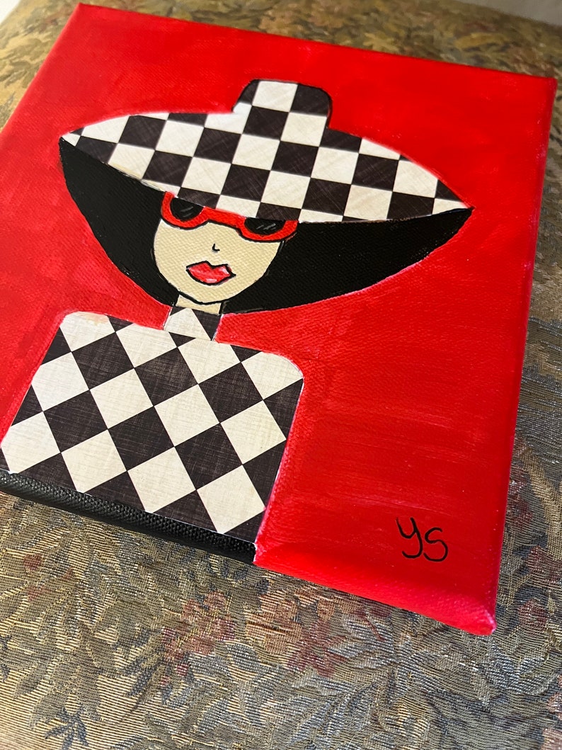 Checkered Girl: Acrylic Painting, Collage Hat & Top (8x8) - Etsy