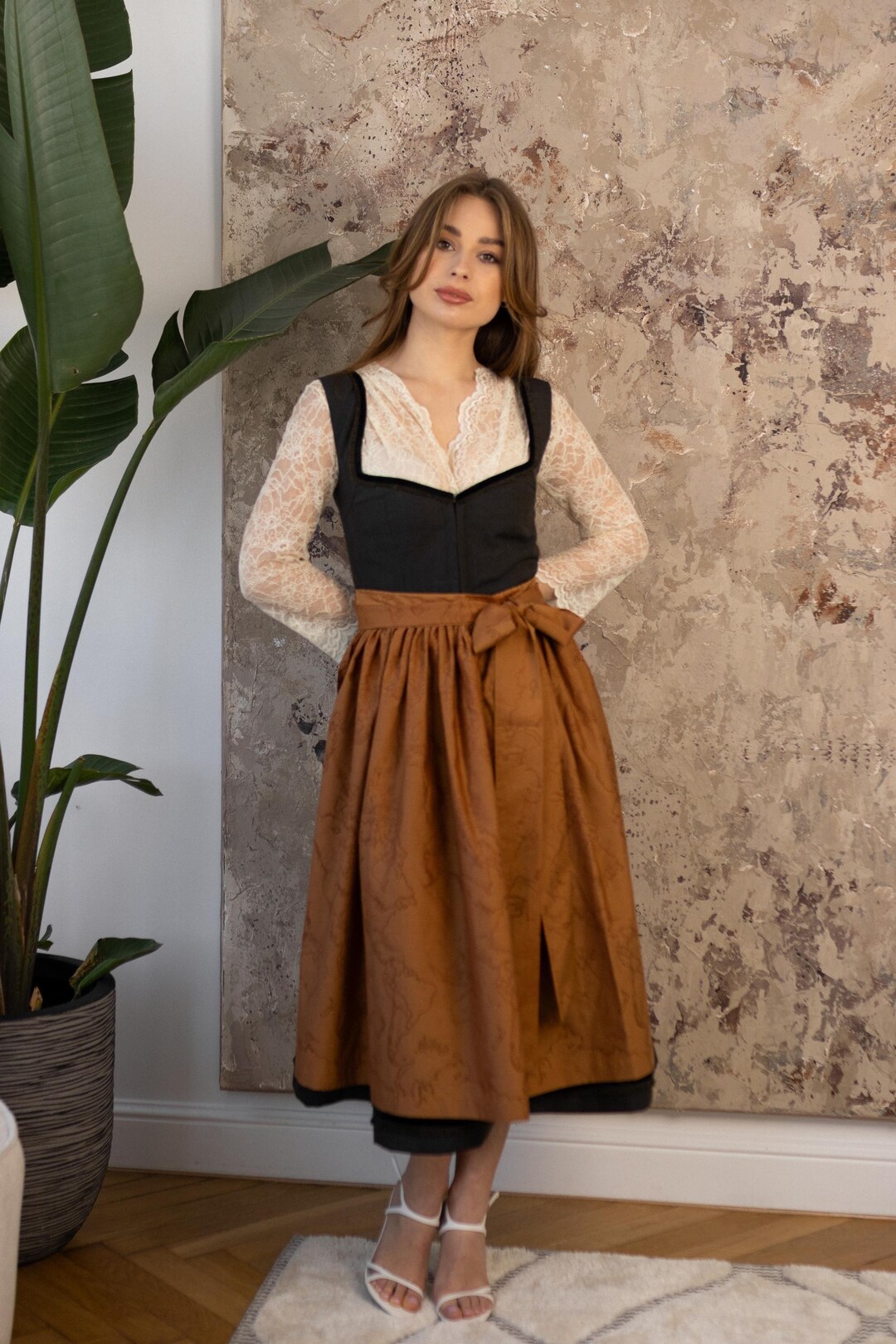 Premium Dirndl Dress Fernia With 2 Aprons Dark Green Brown Wool ...