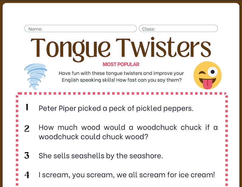 Tongue Twisters Most Popular: Pronunciation, Speaking, & Fluency ...