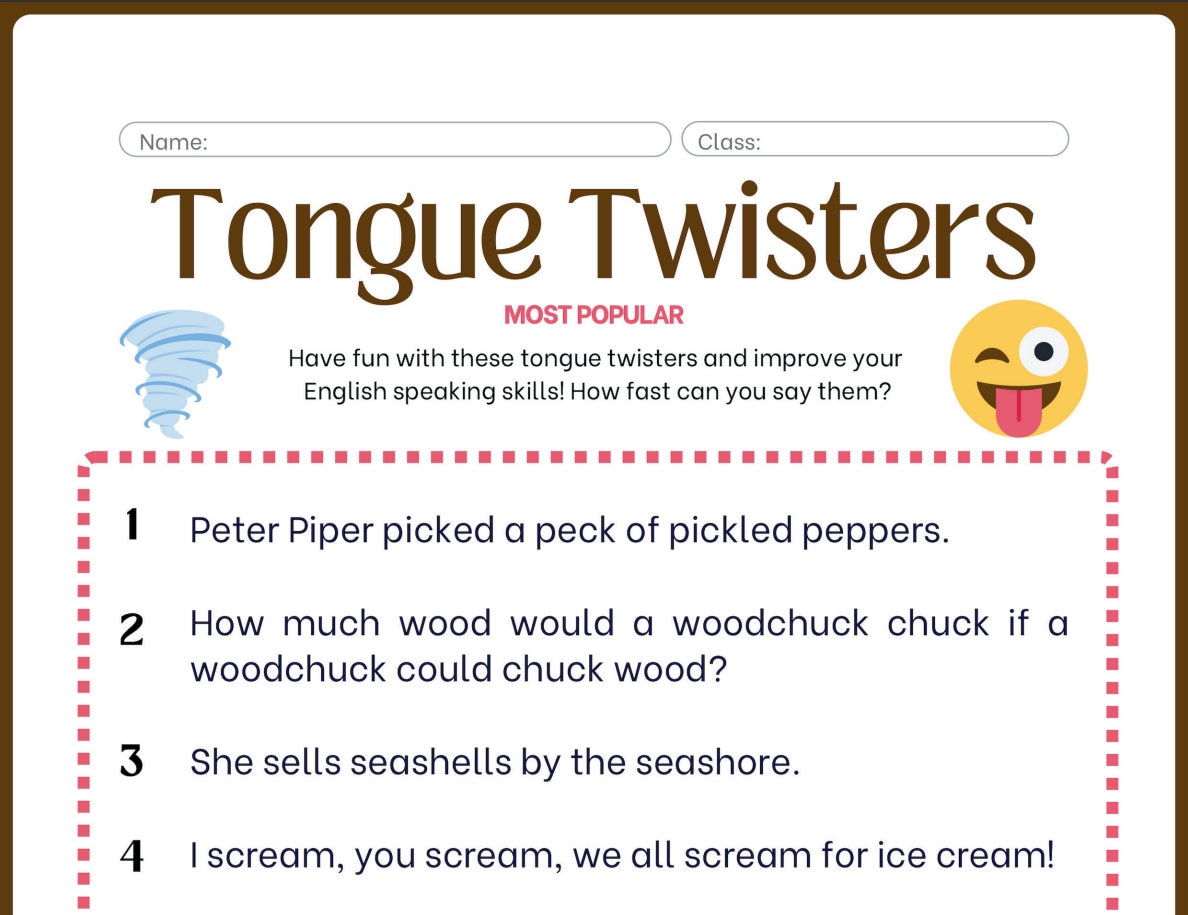 Tongue Twisters Most Popular: Pronunciation, Speaking, & Fluency ...