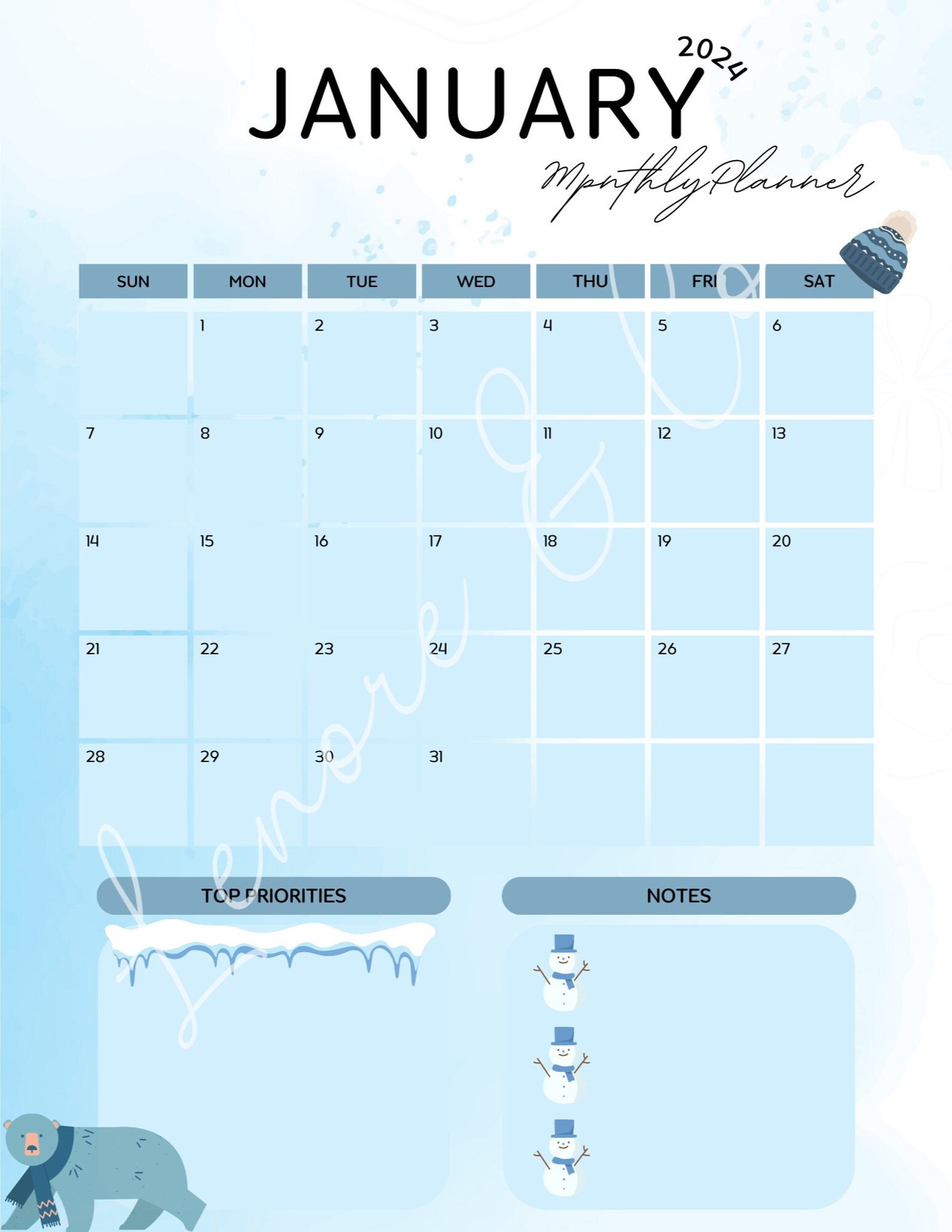 Printable January 2024 Monthly Planner Instant Download - Etsy
