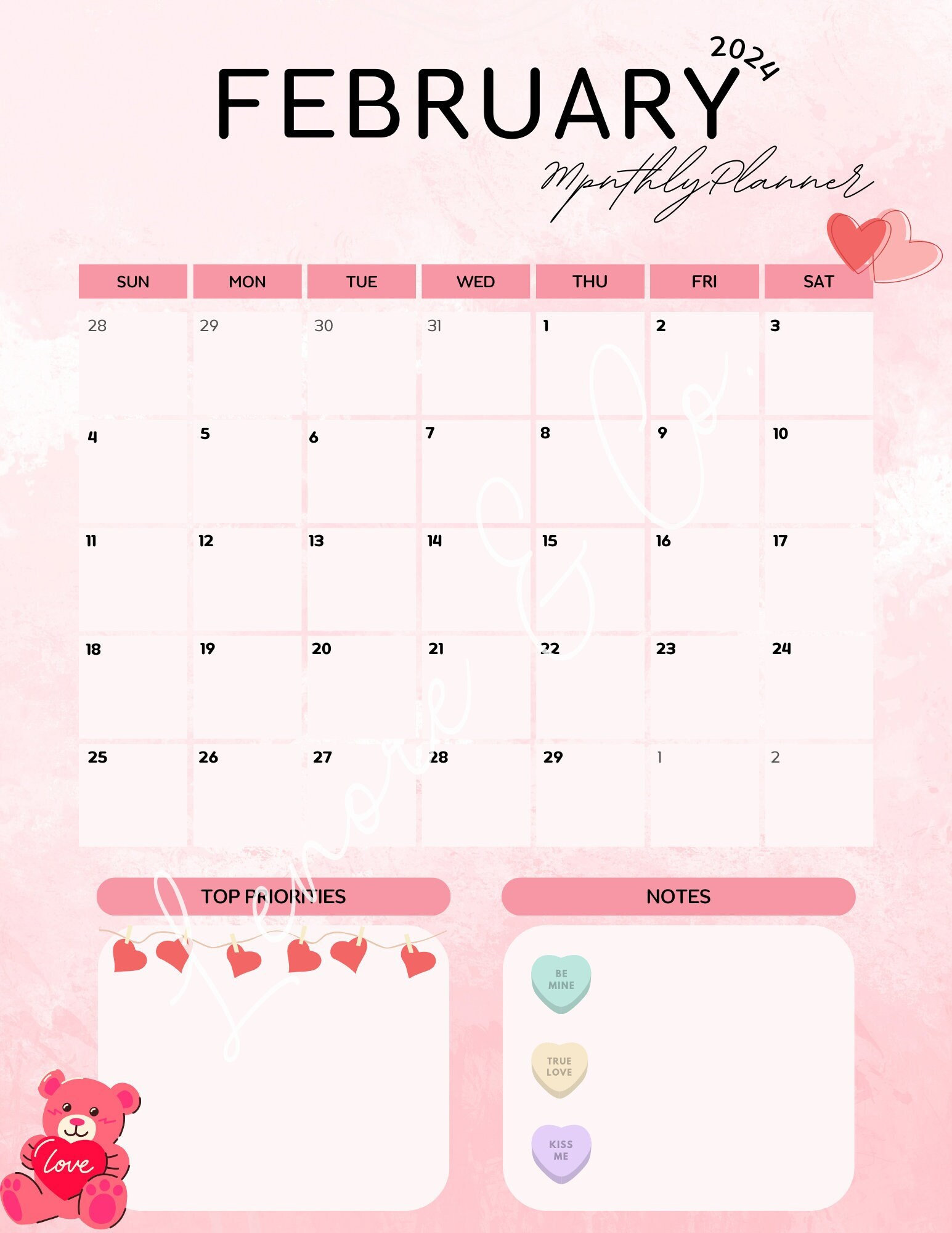 February 2024 Monthly Planner Instant Download - Etsy