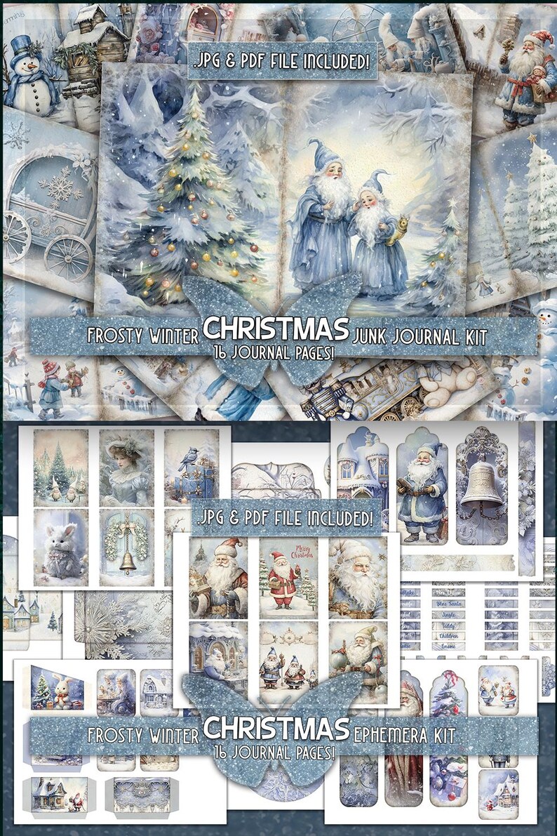 Winter Christmas Bundle Printable Blue Papers Ephemera Bundle Snowman ...