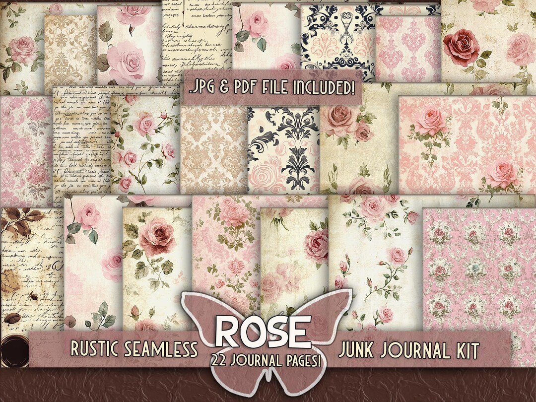 Vintage Pink Rose Printable Neutral Junkjournal Seamless Pattern Flower ...