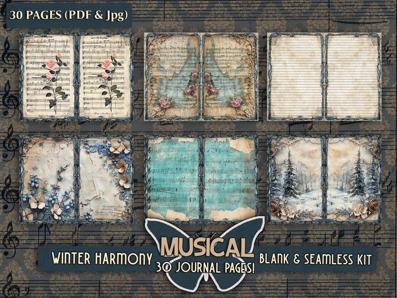 Blue Digital Paper Seamless Printable Musical Vintage Parchment Paper ...