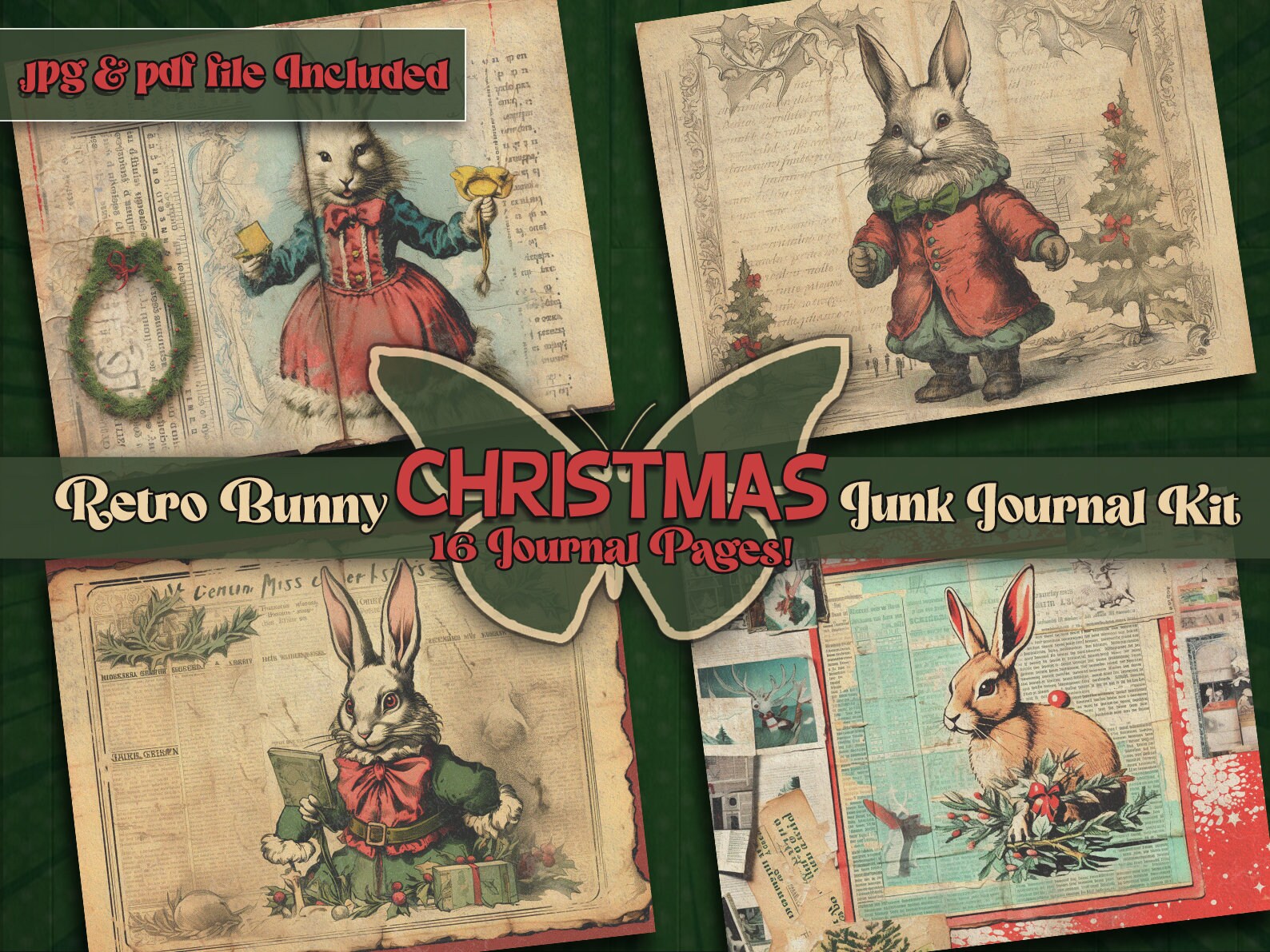 Christmas Bunny Printable Retro Junkjournal Papers Christmas Rabbit ...