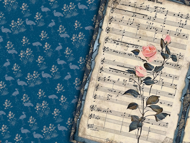 Blue Digital Paper Seamless Printable Musical Vintage Parchment Paper ...