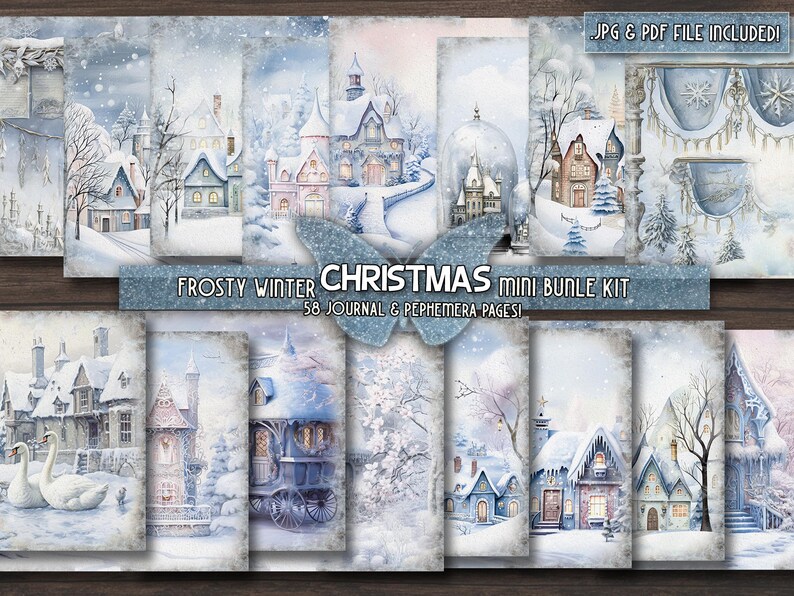 Winter Christmas Bundle Printable Blue Papers Ephemera Bundle Snowman ...