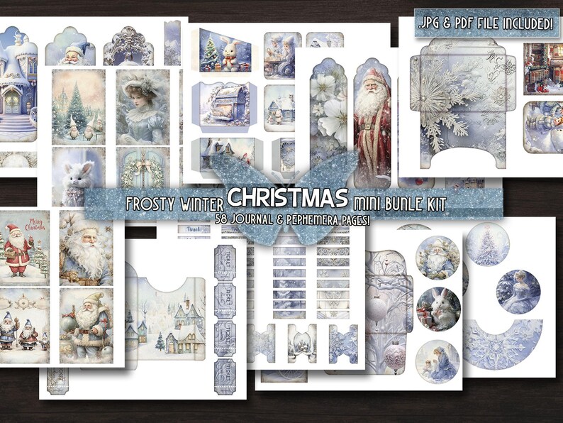 Winter Christmas Bundle Printable Blue Papers Ephemera Bundle Snowman ...