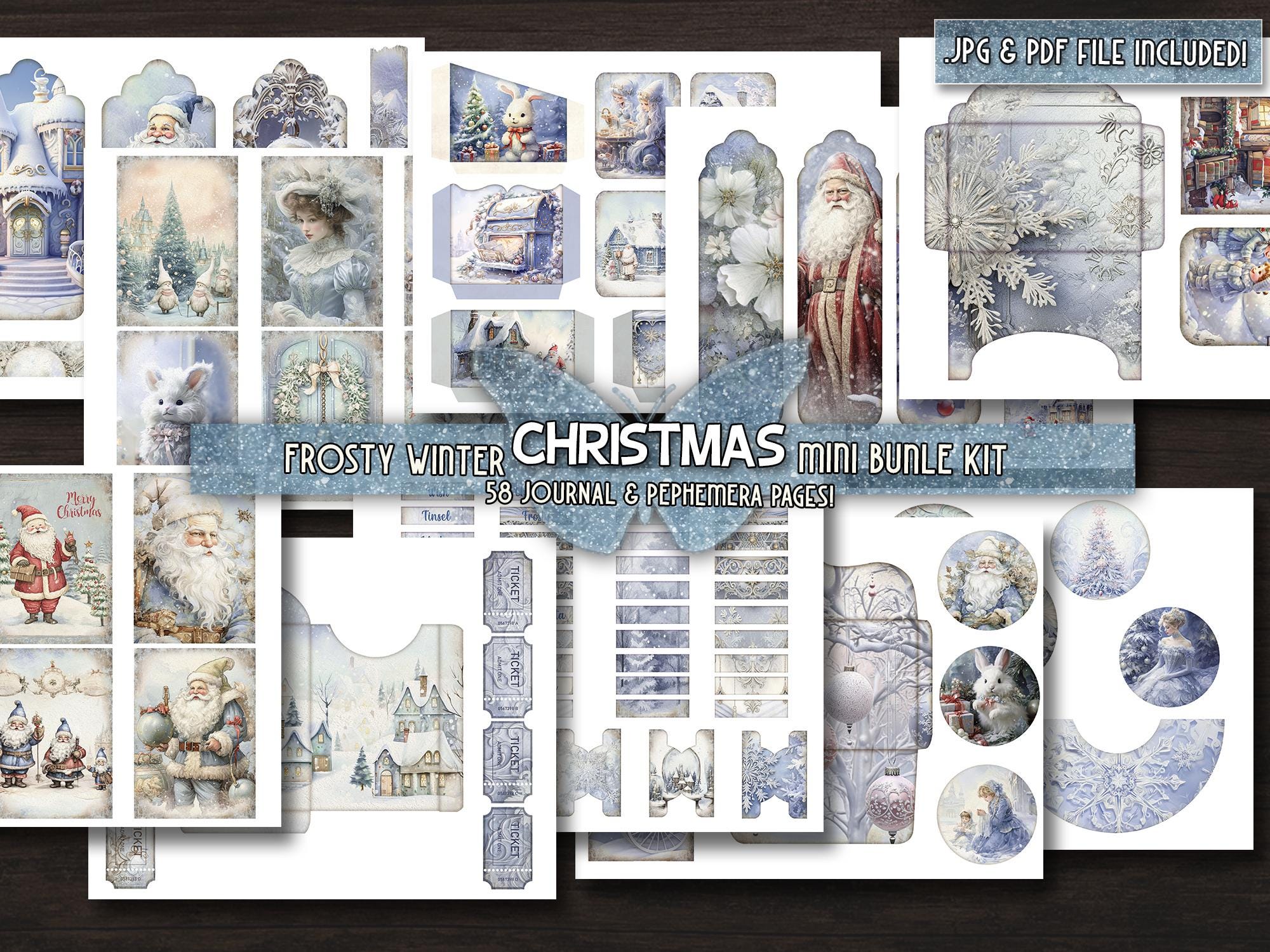 Winter Christmas Bundle Printable Blue Papers Ephemera Bundle Snowman ...
