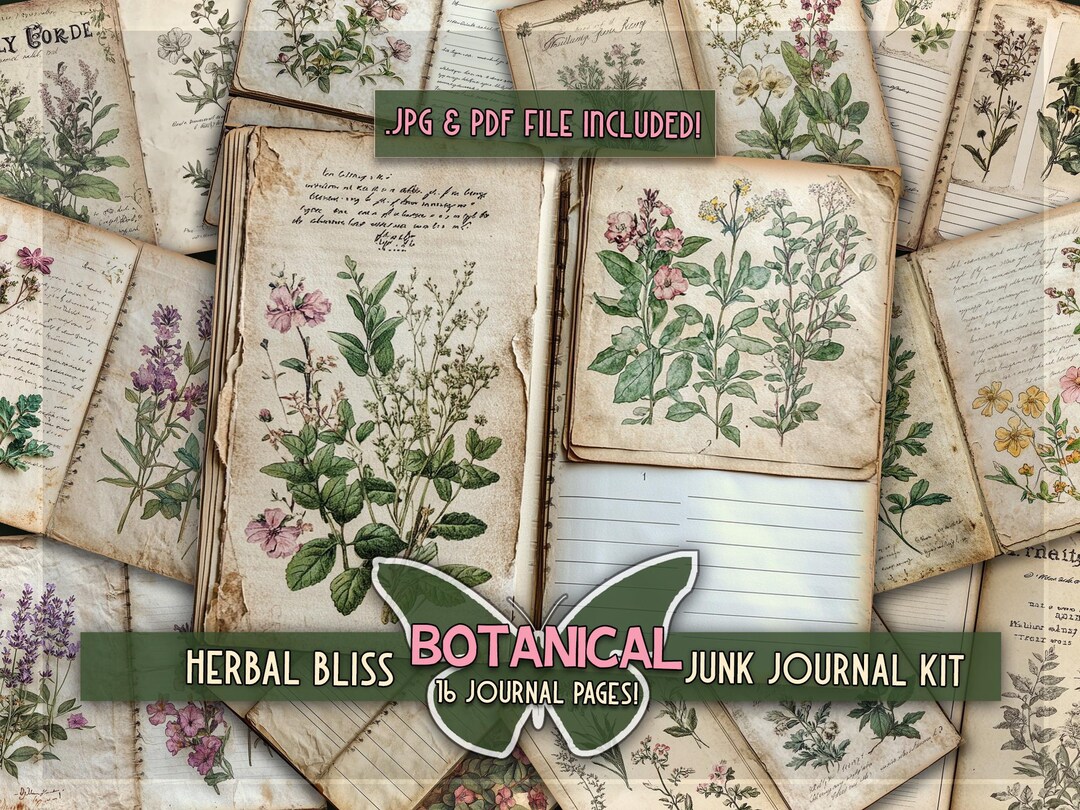 Vintage Botanical Junk Journal Printable Herbal Papers Book Digital ...