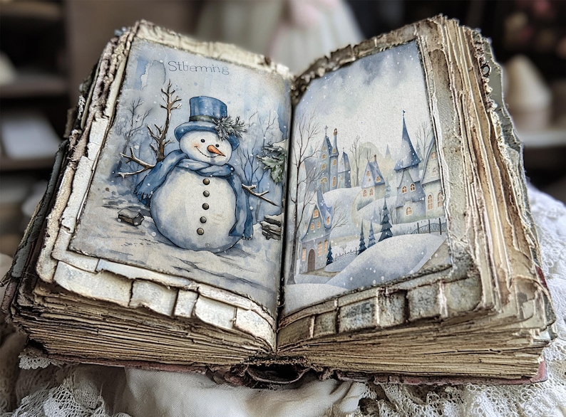 Winter Christmas Bundle Printable Blue Papers Ephemera Bundle Snowman ...