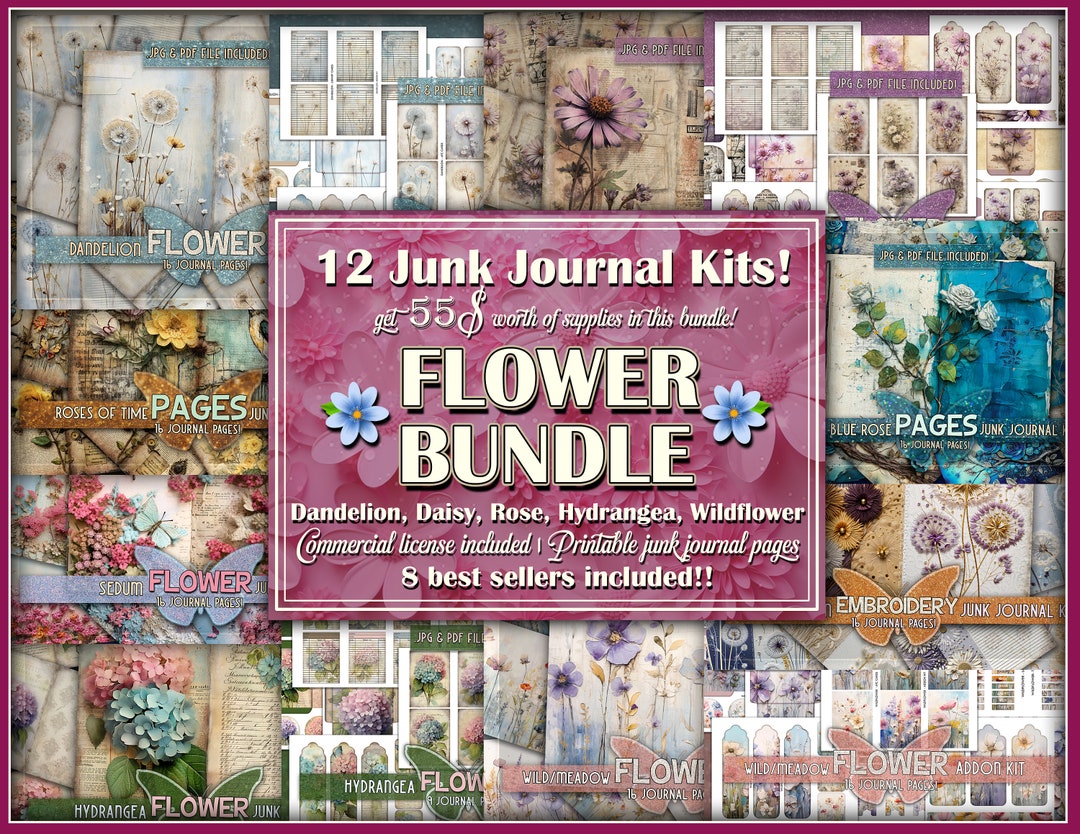 Flower Bundle Printable Papers Floral Junkjournal Ephemera Pages Rose ...