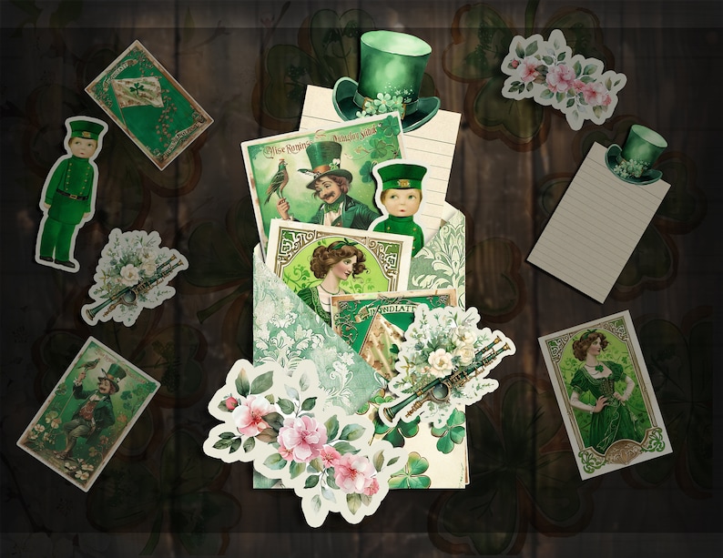 St Patrick Printable Kit Fussy Cut Junkjournal Green Clipart Shamrocks ...