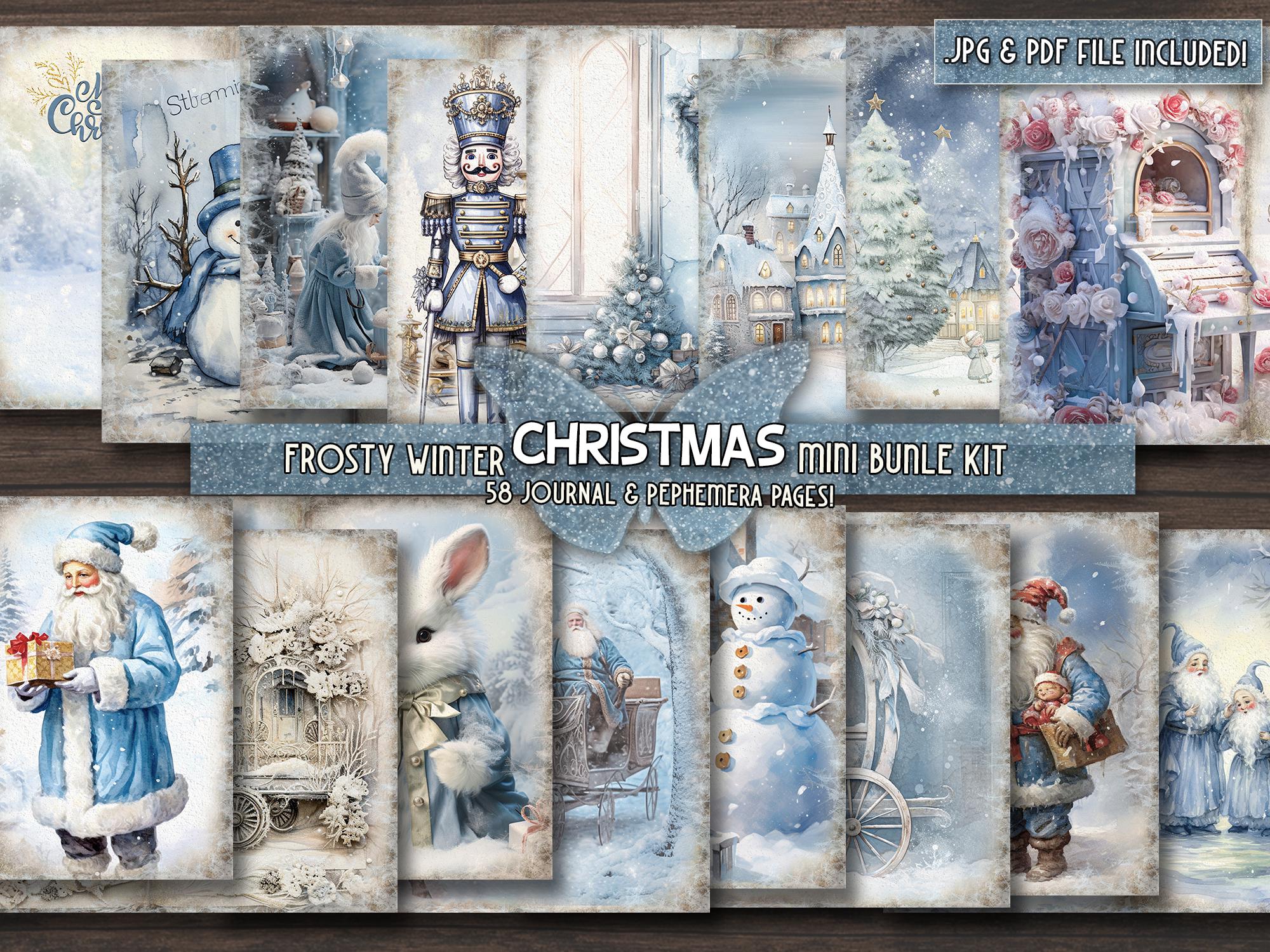 Winter Christmas Bundle Printable Blue Papers Ephemera Bundle Snowman ...