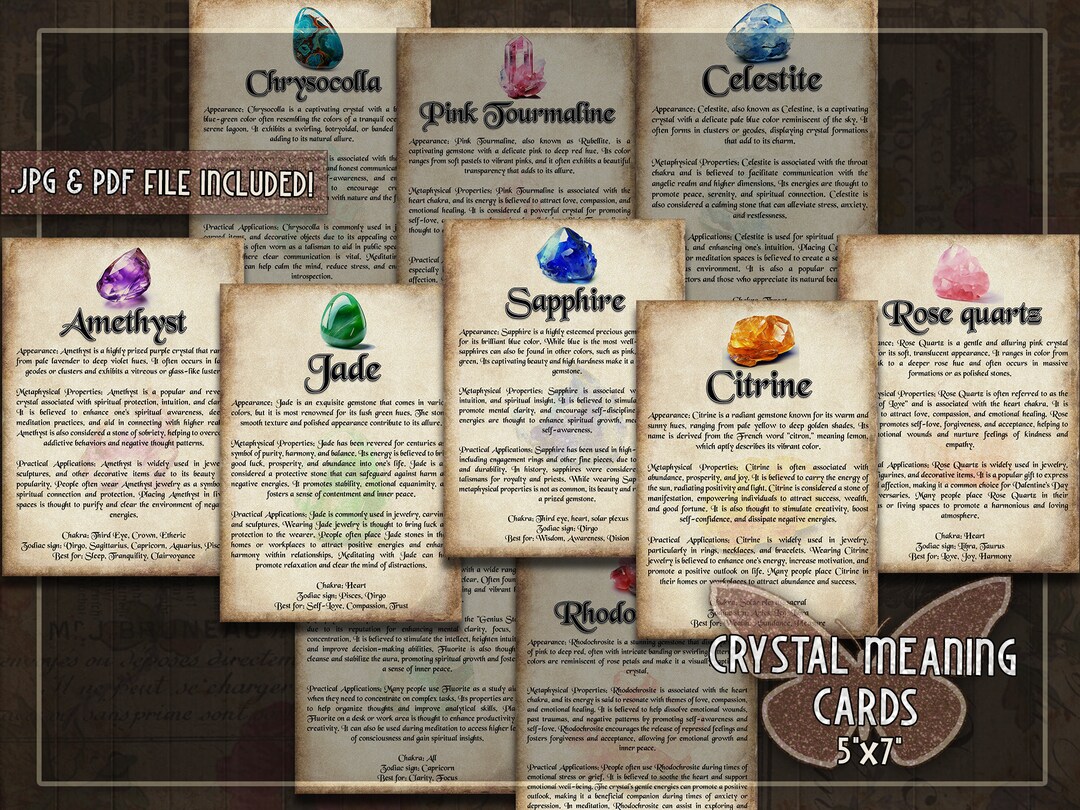 Crystal Meaning Cards Printable BOS Grimoire Pages Gemstone Mean Cards ...