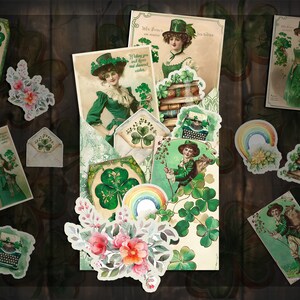 St Patrick Printable Kit Fussy Cut Junkjournal Green Clipart Shamrocks ...