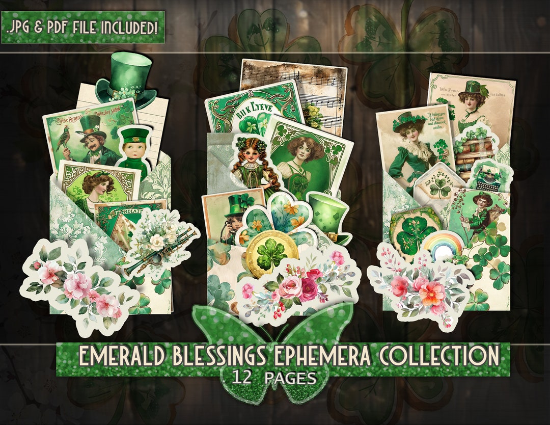 St Patrick Printable Kit Fussy Cut Junkjournal Green Clipart Shamrocks ...