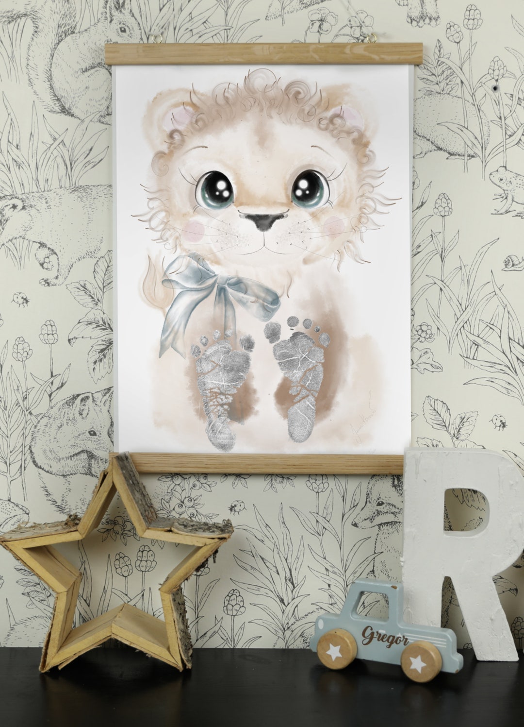 Baby Footprint Set, Nursery, Cute Animals, Lion, Personalized Baby Gift ...