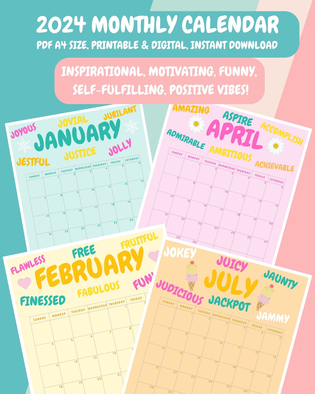 Printable and Digital 2024 Monthly A4 Calendar - Self Motivation ...