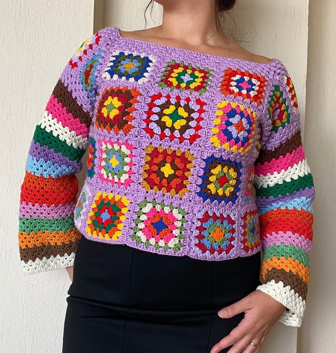 Granny Square Sweater, Handmade Crochet Sweater, Wool Art Sweater ...