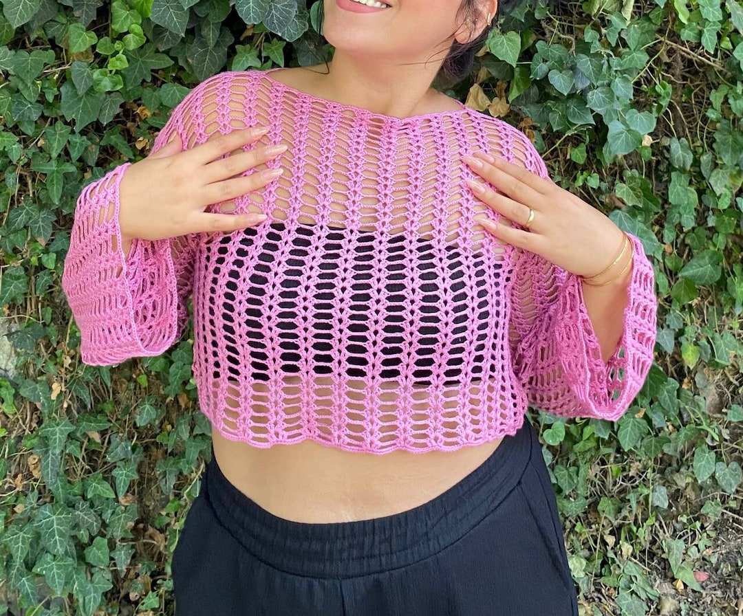Cropped Mesh Jumper, Summer Crochet Mesh Sweater, Mesh Long Sleeve Top ...