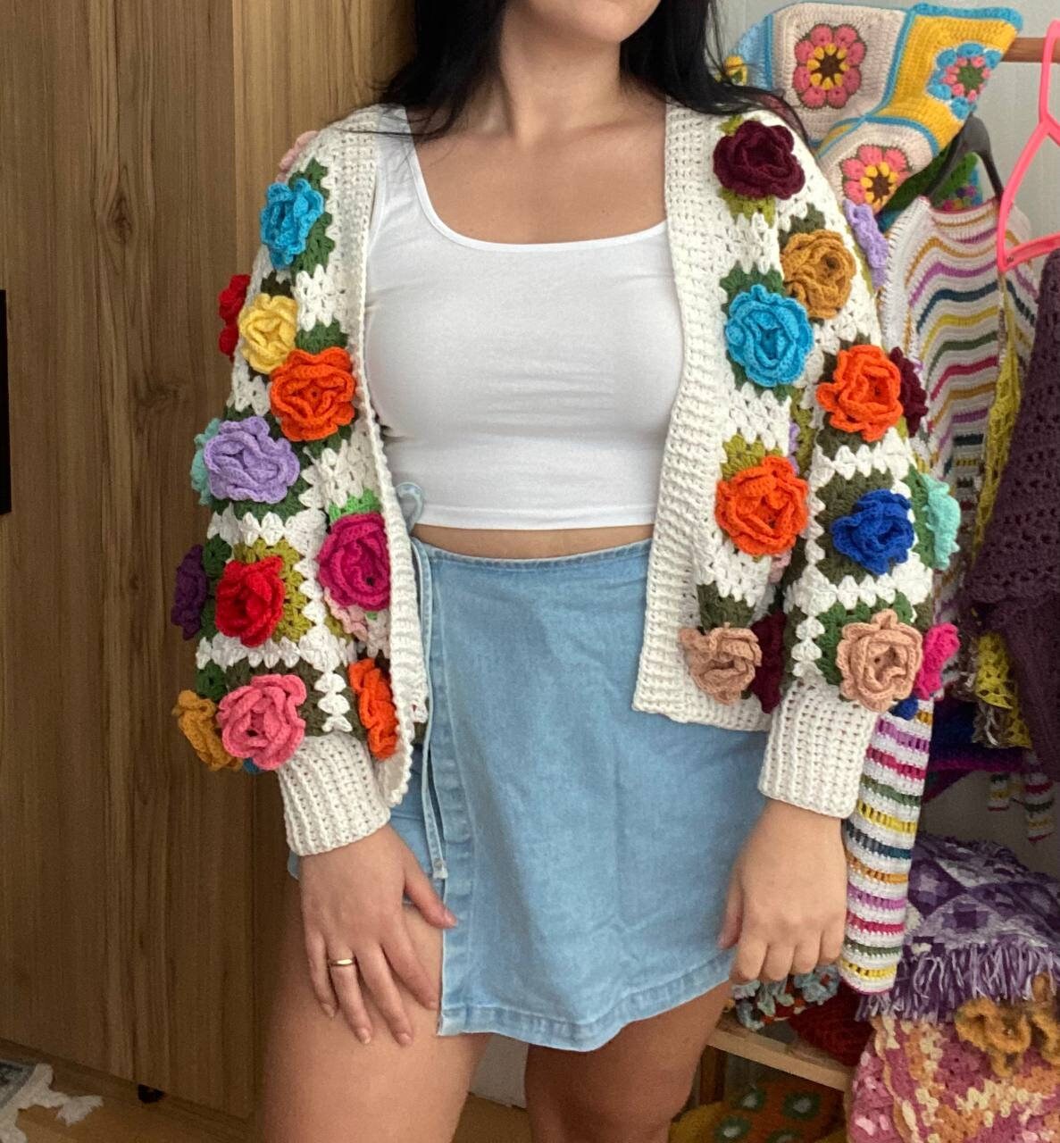 Colorful Fall Cardigan, Multi Color Rose Chunky Cardigan, Mommy and Me ...