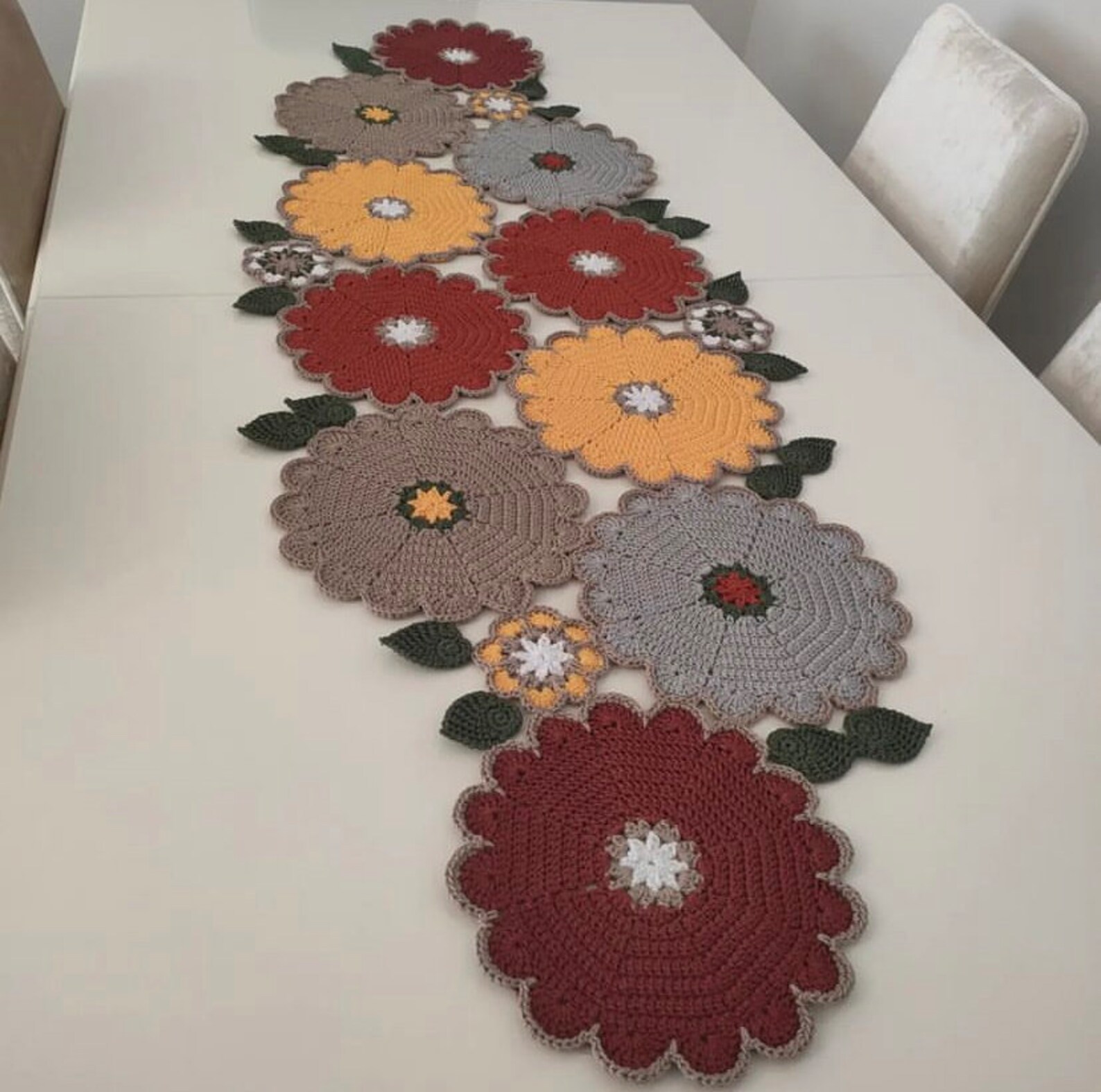 Flowered Table Runner, Hand Knit Rustic Table Runner, Farmhouse Decor ...