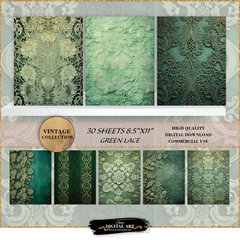 Green Vintage Lace Digital Paper for Junk Journal Kit, Mixed Media Art ...