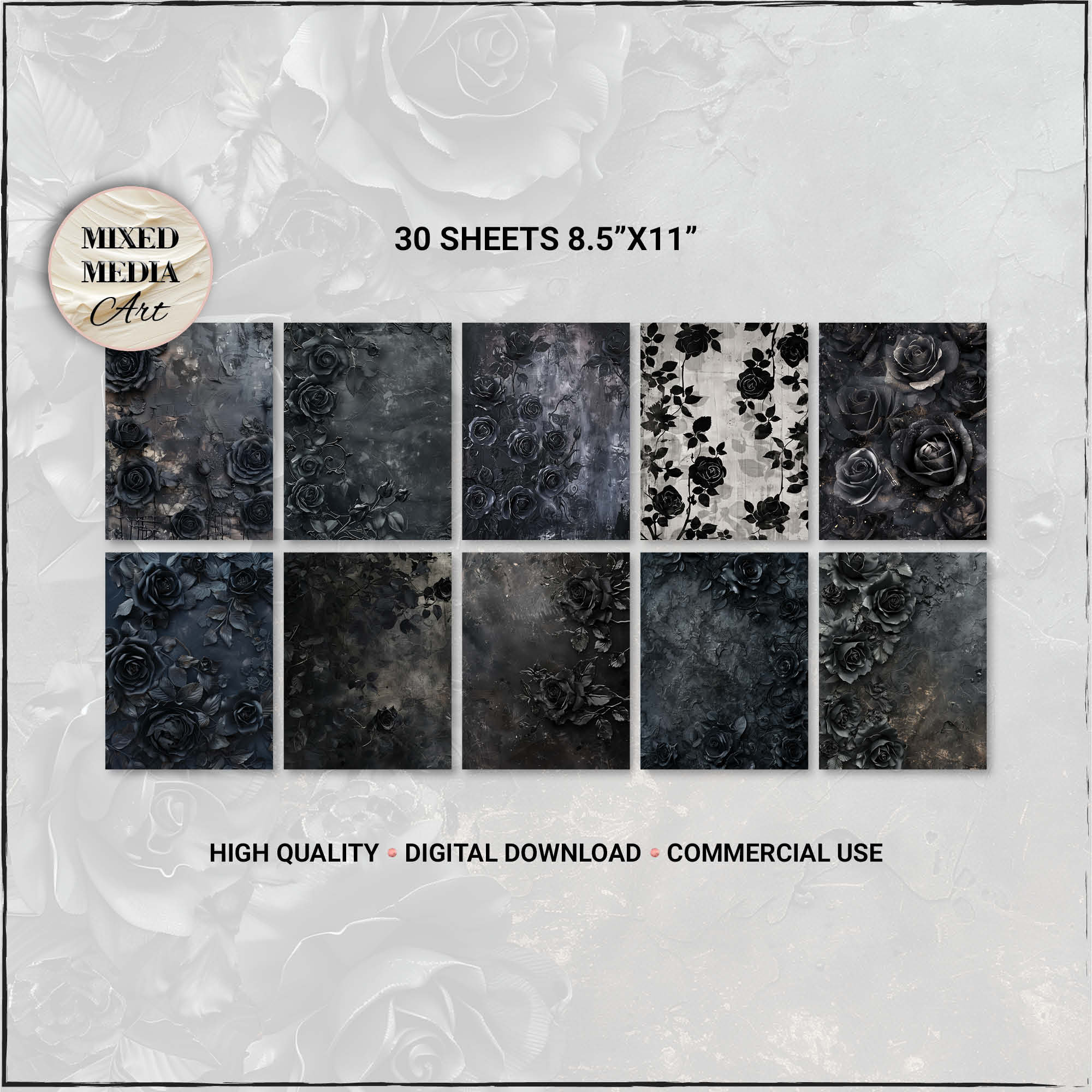 Printable Black Roses Gothic Digital Paper, 30 Pages 8.5X11 Size for ...