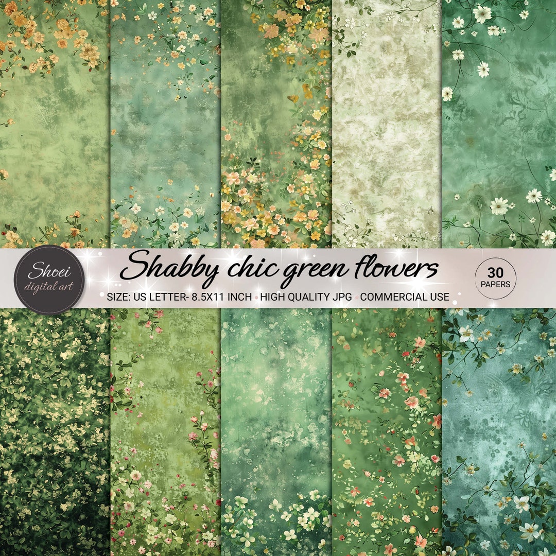 Shabby Chic Green Floral Digital Papers - 30 Vintage Flower Designs ...