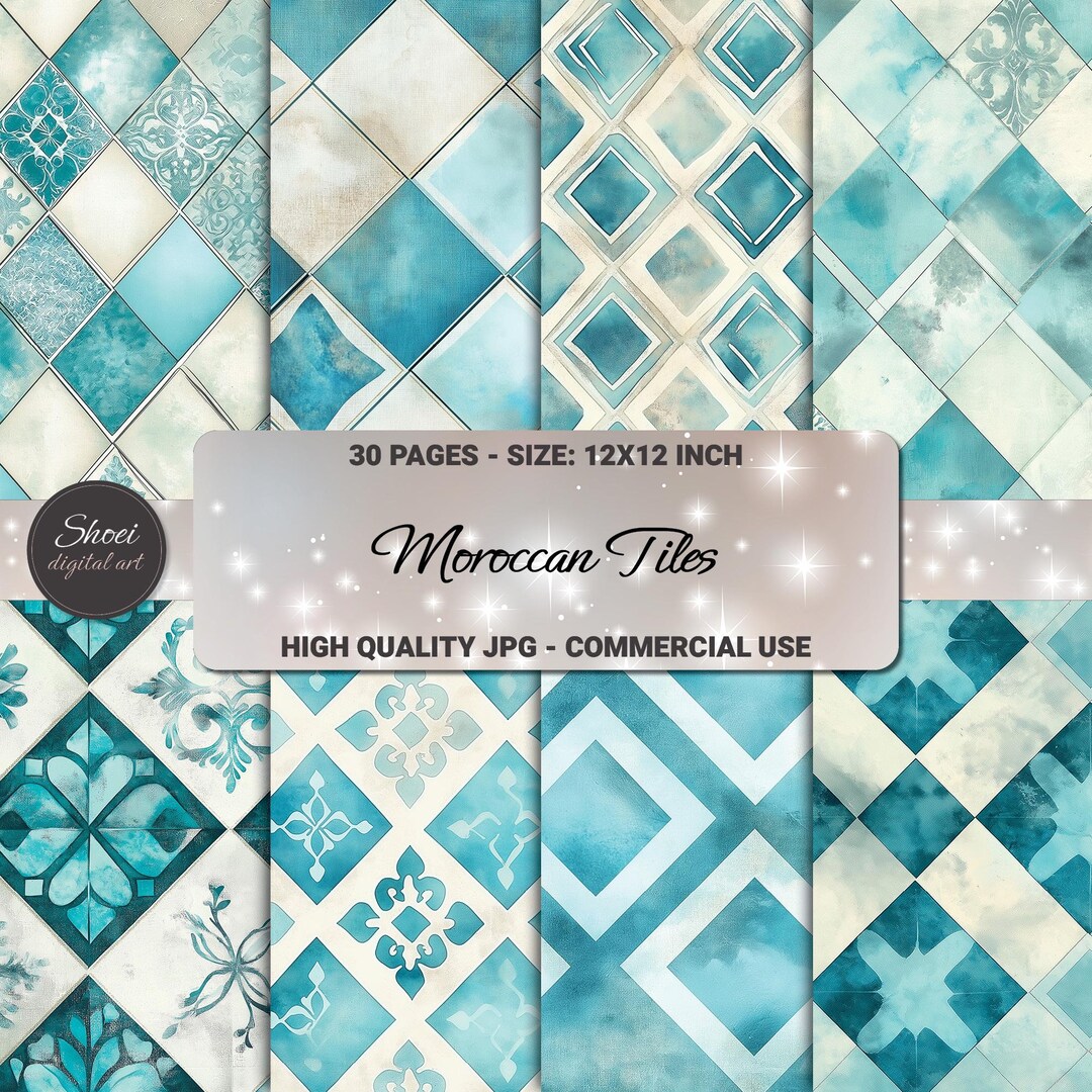 Teal Digital Paper Pack, Moroccan Tiles Pattern, Turquoise Scrapbook ...