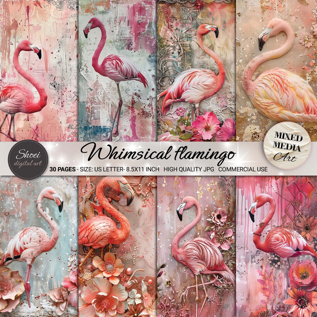 Flamingo Digital Papers: Tropical Pink Bird Backgrounds (30 JPG 8.5x11 ...