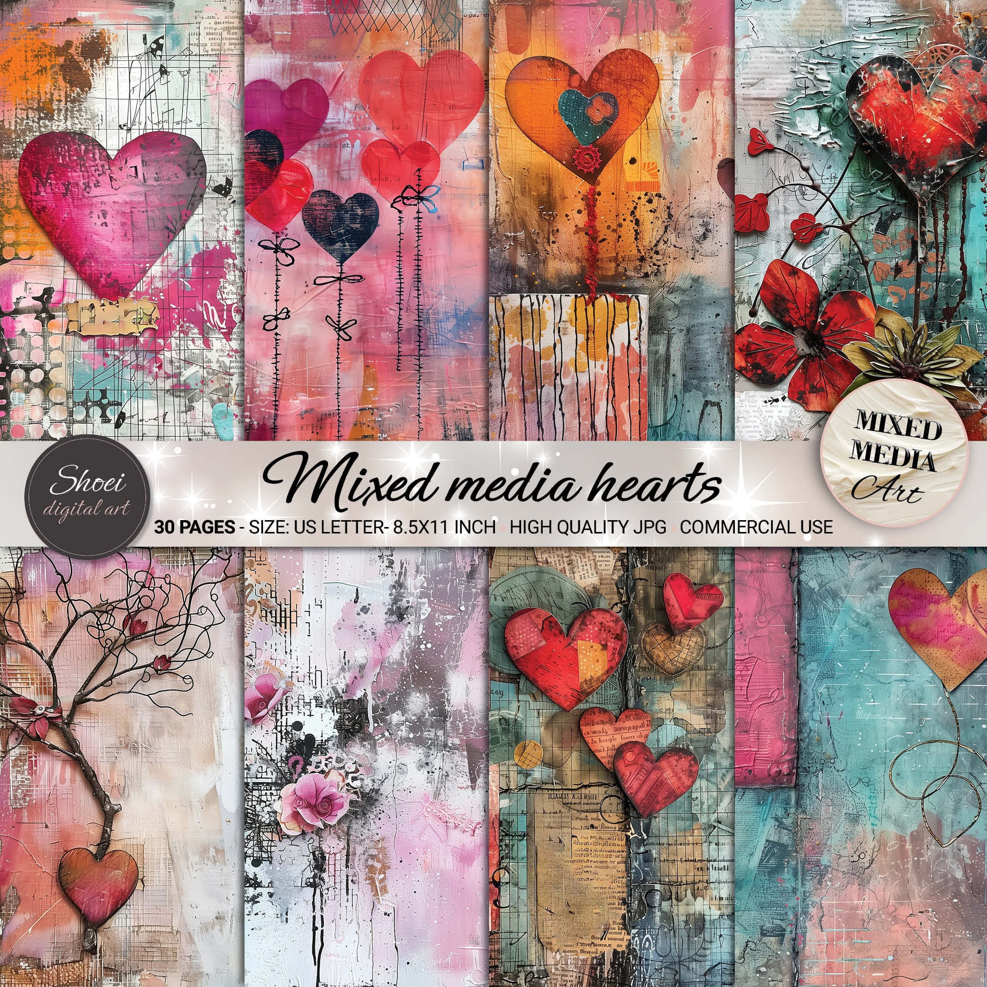Mixed Media Hearts Digital Paper: Romantic Art Backgrounds (8.5x11 JPG ...