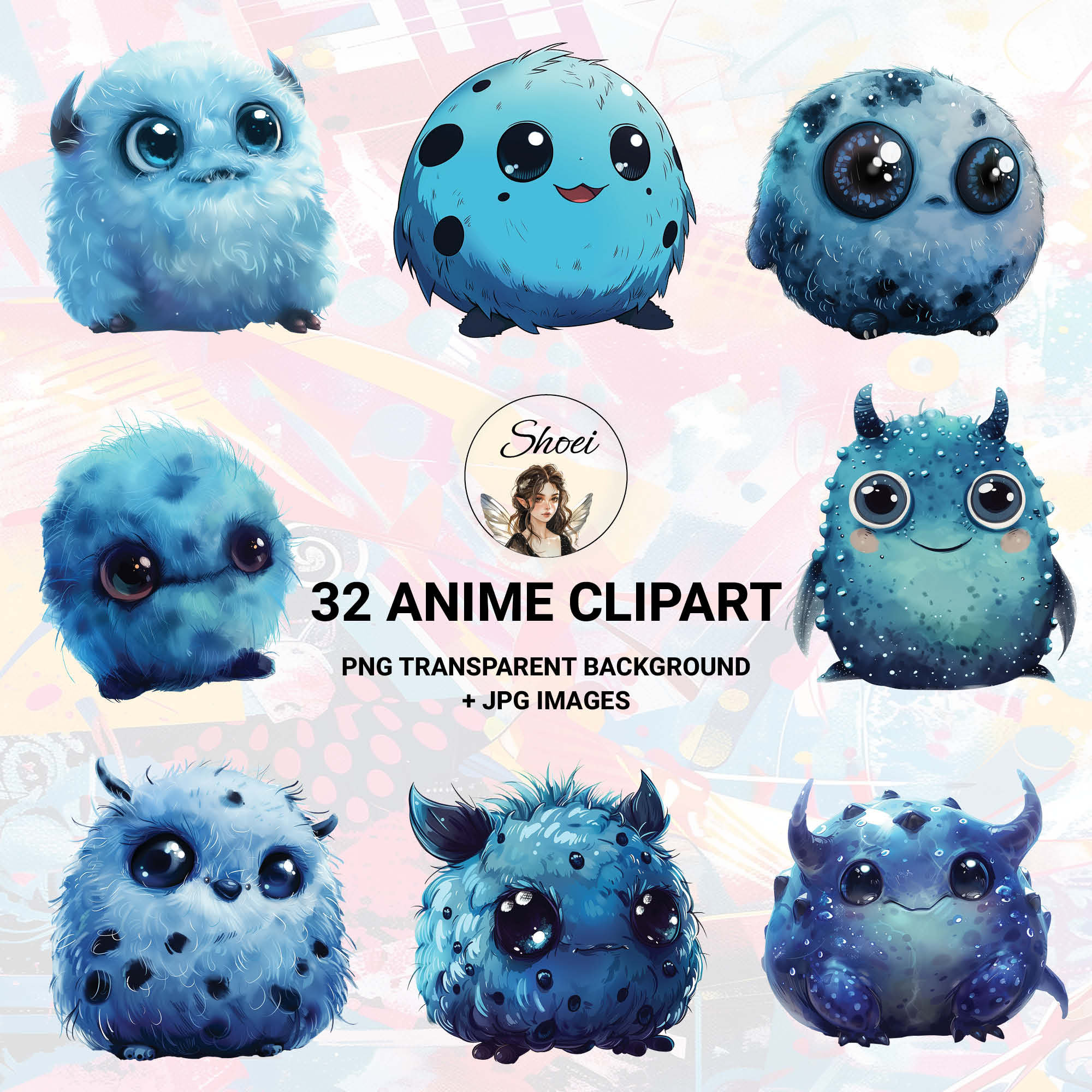Anime Clipart Blue Cute Monster, 32 PNG JPG Cartoons for Stickers ...