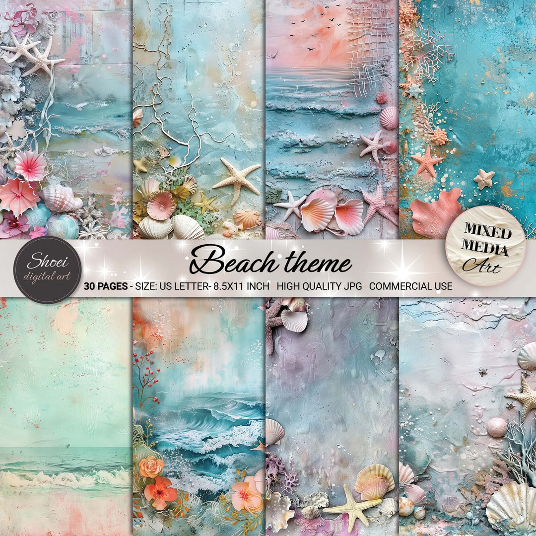 Serene Beach Theme Whimsical Blue Digital Paper Collection for Creative ...