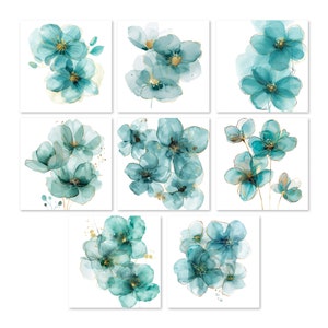 Abstract Turquoise Gold Flowers Watercolor Clipart Collection for Art ...