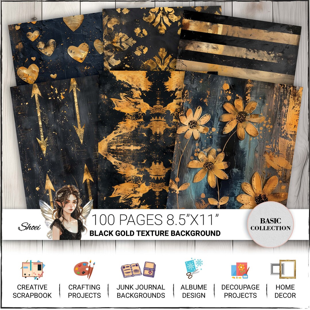 Printable Black Gold Texture Background, 100 Digital Paper 8.5X11 for ...