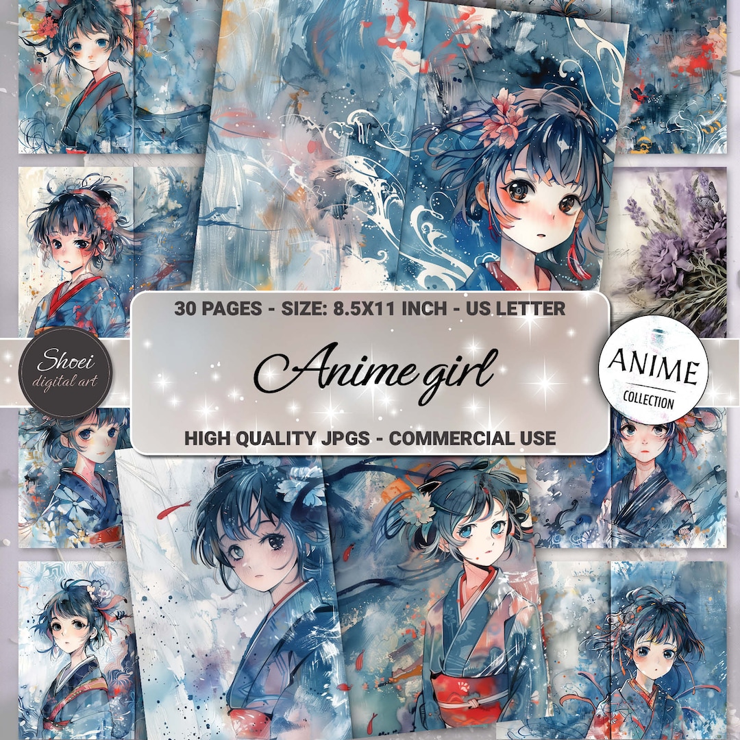 Anime Girl Abstract Blue Digital Paper, 30 Pages 8.5X11 Size for Junk ...