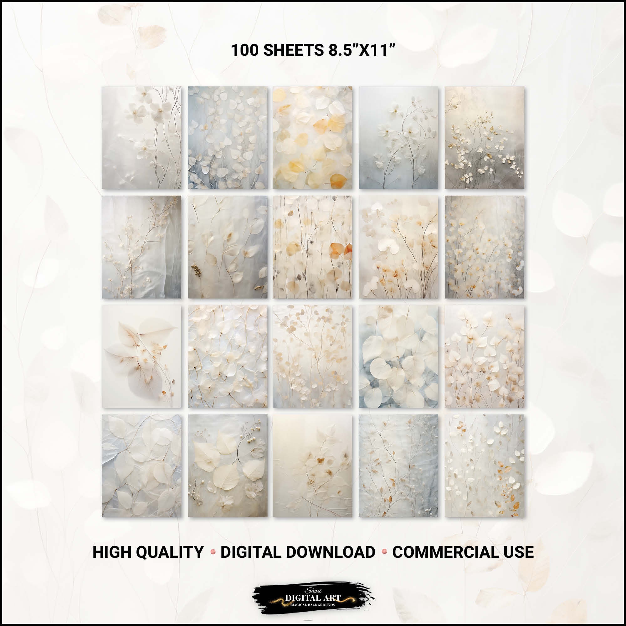 100 Printable White Leaves Mulberry Rice Digital Paper 8.5X11 for Junk ...