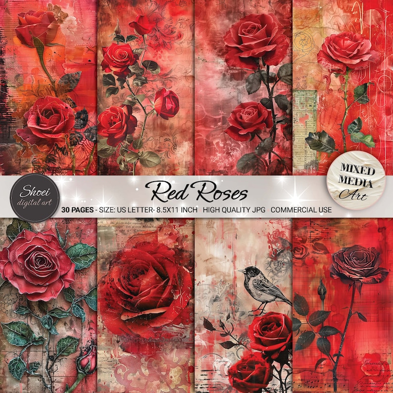Red Roses Digital Paper: 30 Vintage Floral Designs (8.5x11, Commercial ...