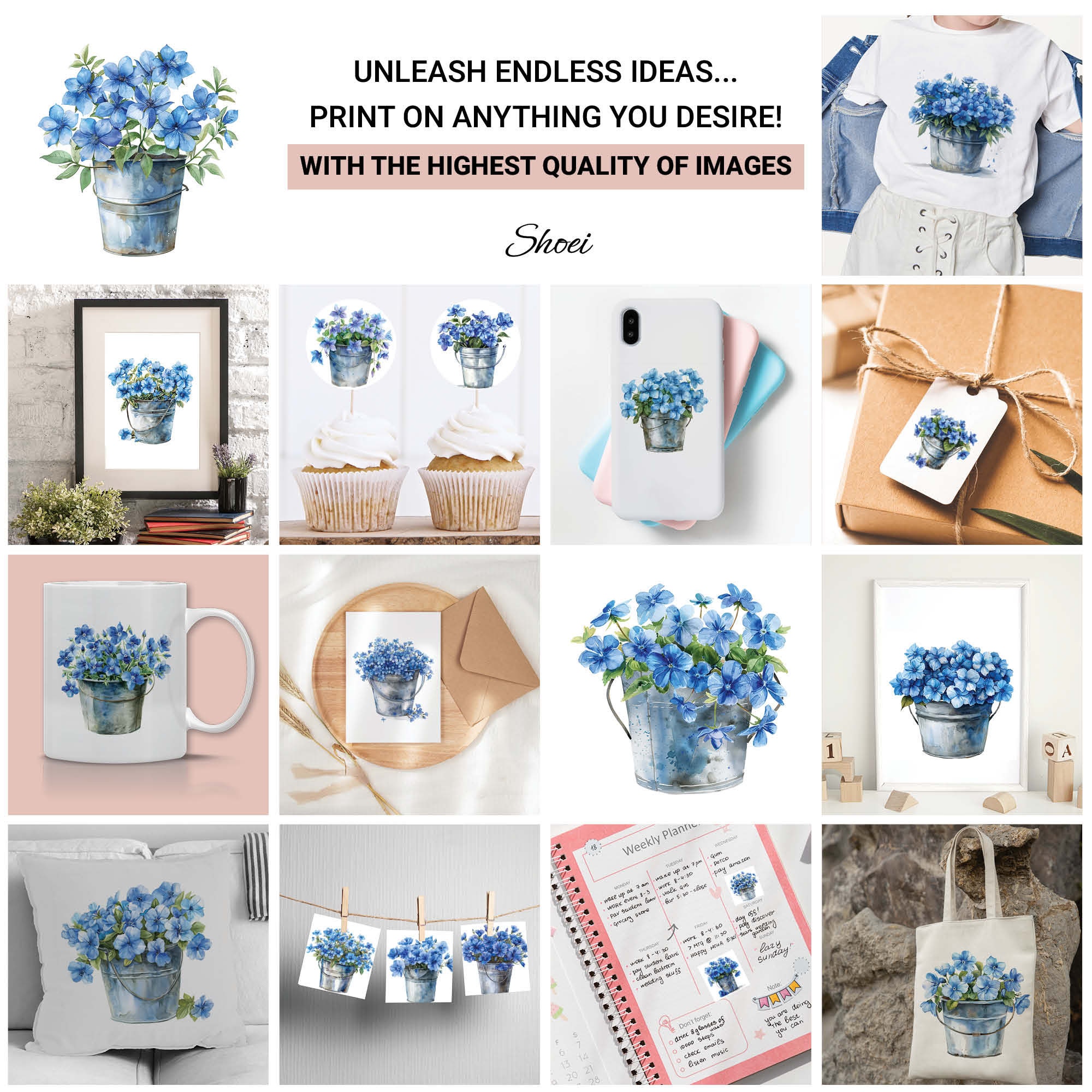 Blue Flowers Bouquet Clipart Bundle Digital Art for Scrapbooking, Card ...