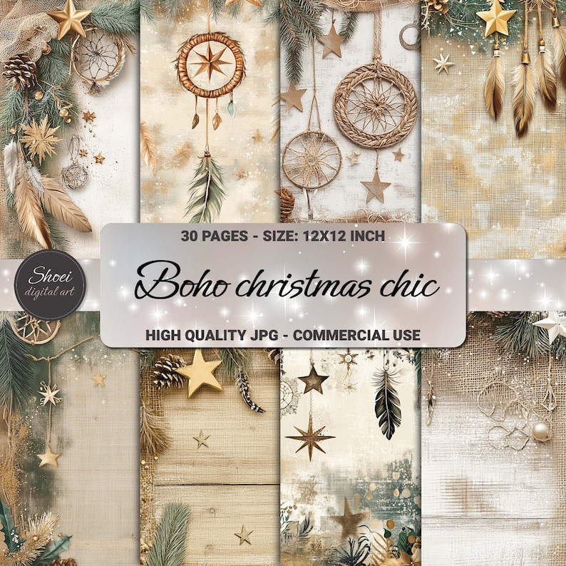 Boho Christmas Chic Digital Paper Collection 30 Pages 12x12 for Junk ...