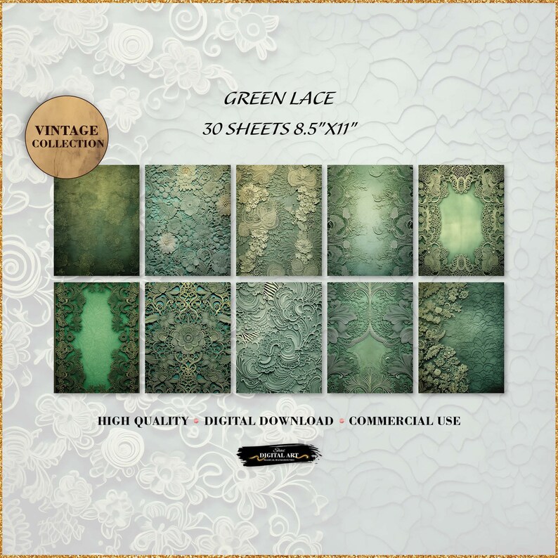 Green Vintage Lace Digital Paper for Junk Journal Kit, Mixed Media Art ...