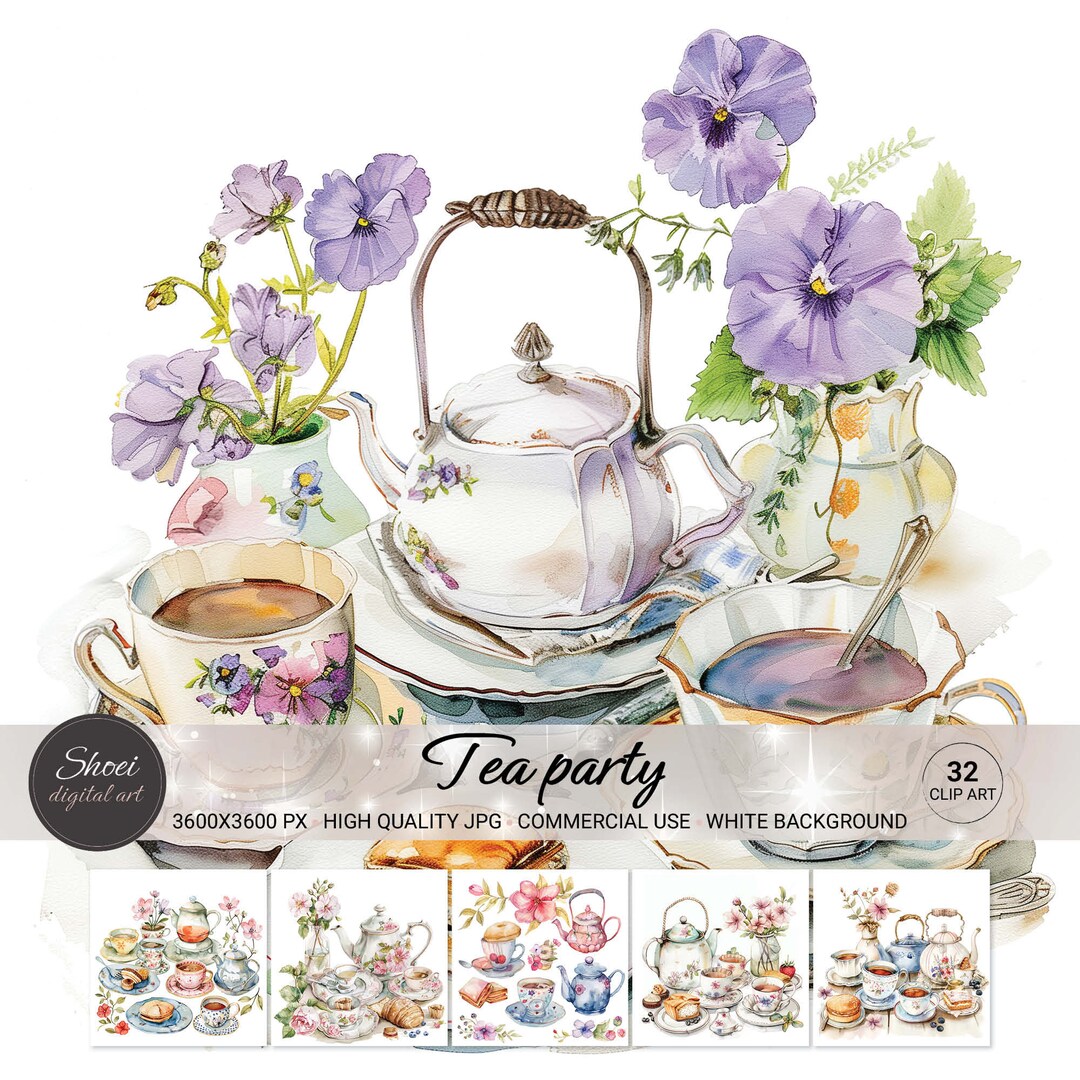 Elegant Watercolor Tea Party Clipart JPG Bundle Scrapbook, Junk Journal ...