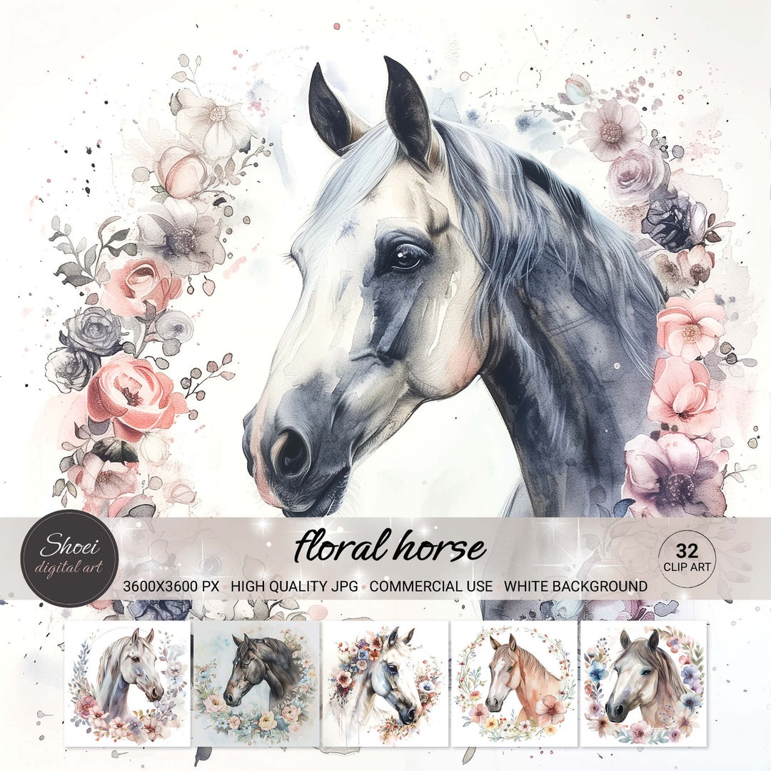Watercolor Floral Horse Clipart: Nursery Art, Farm Animal (32 JPG ...