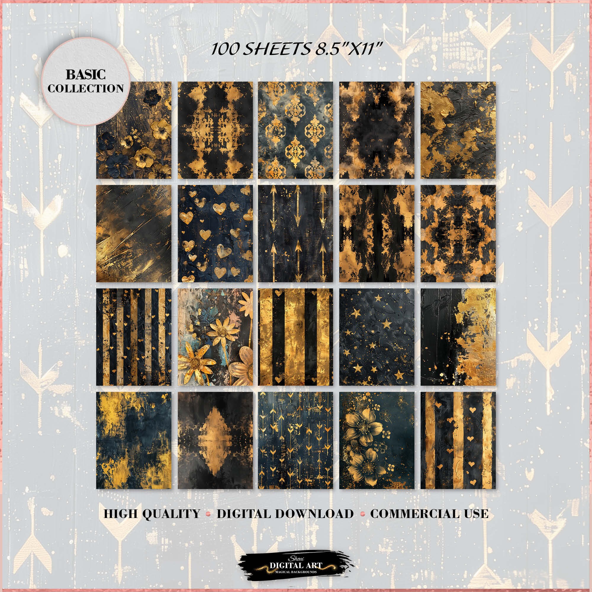 Printable Black Gold Texture Background, 100 Digital Paper 8.5X11 for ...