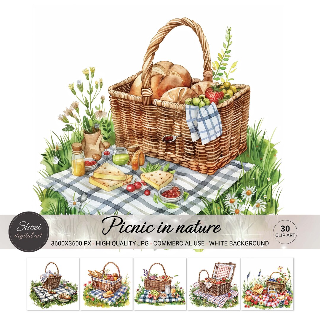 Serene Picnic in Nature Watercolor Clipart - 30 JPG for Scrapbook, Card ...