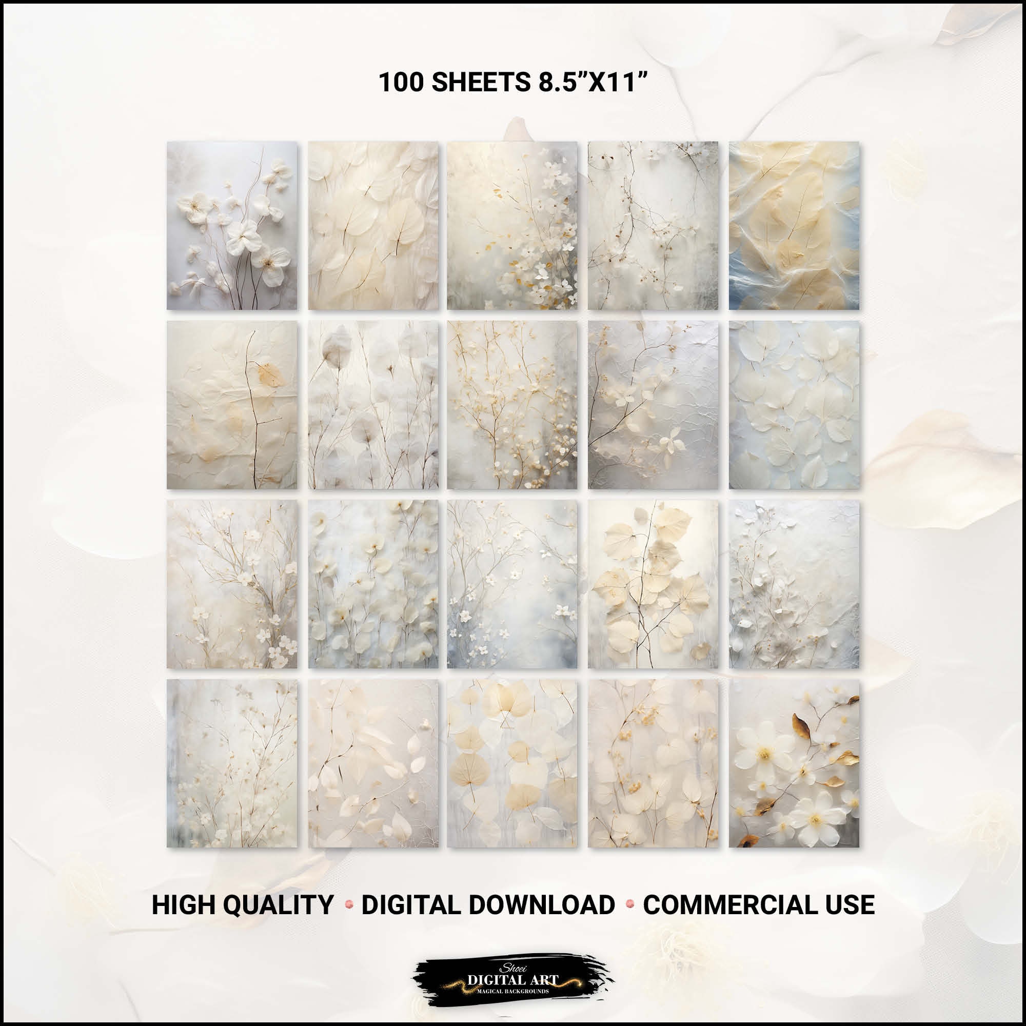 100 Printable White Leaves Mulberry Rice Digital Paper 8.5X11 for Junk ...