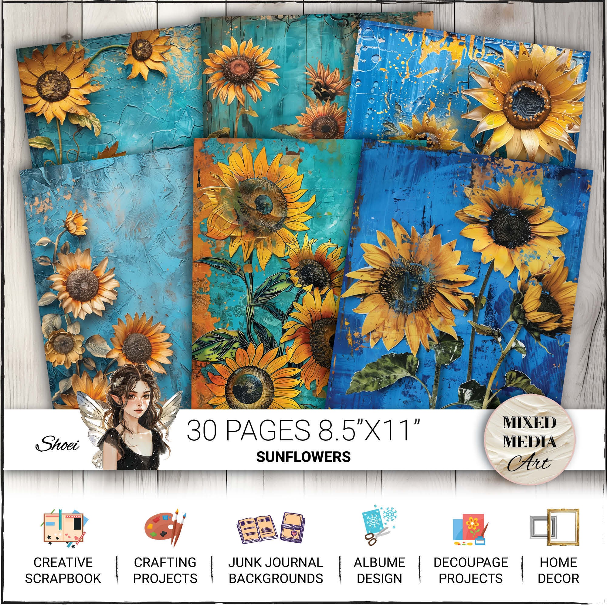 Sunflowers Theme Blue Yellow Digital Paper, 30 Pages 8.5X11 Size for ...